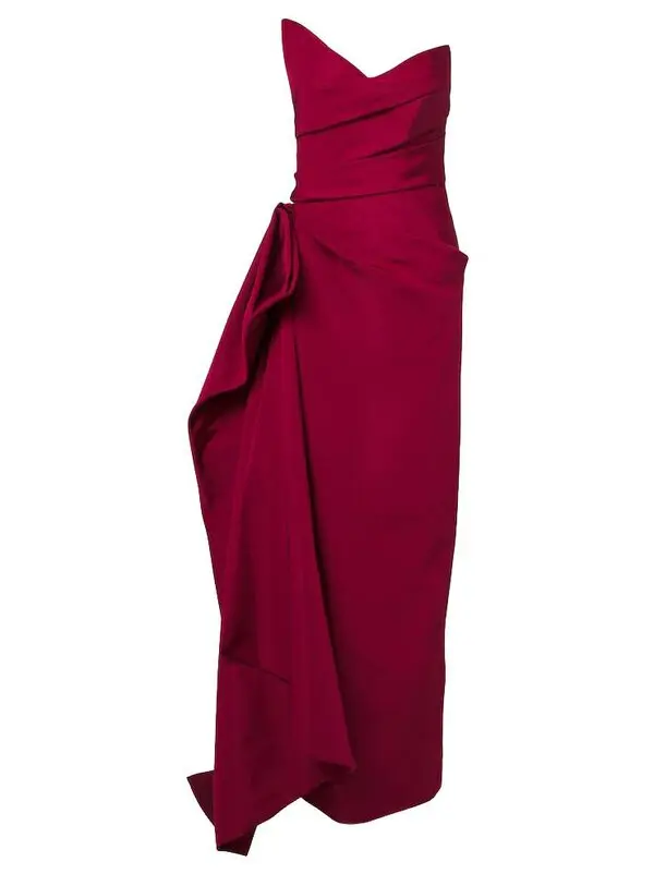 Monique Lhuillier Asymmetric Draped Silk Bustier Gown - Red