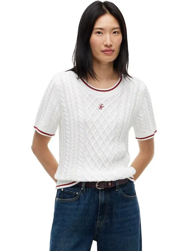 Tommy Hilfiger Short-sleeve Mixed-knit Tipped Sweater - Ecru