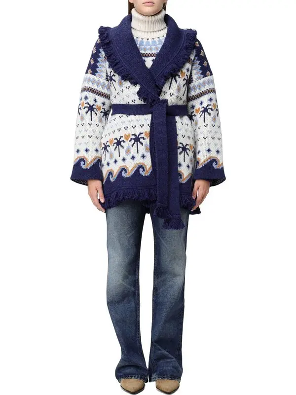 Alanui Jacquard Virgin Wool Cardigan With Shawl Collar, Fringes And Belt - Brown