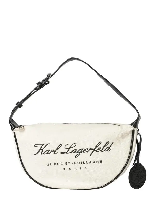 Karl Lagerfeld Canvas Shoulder Bag With Embroidered Logo And Charm - Ivory