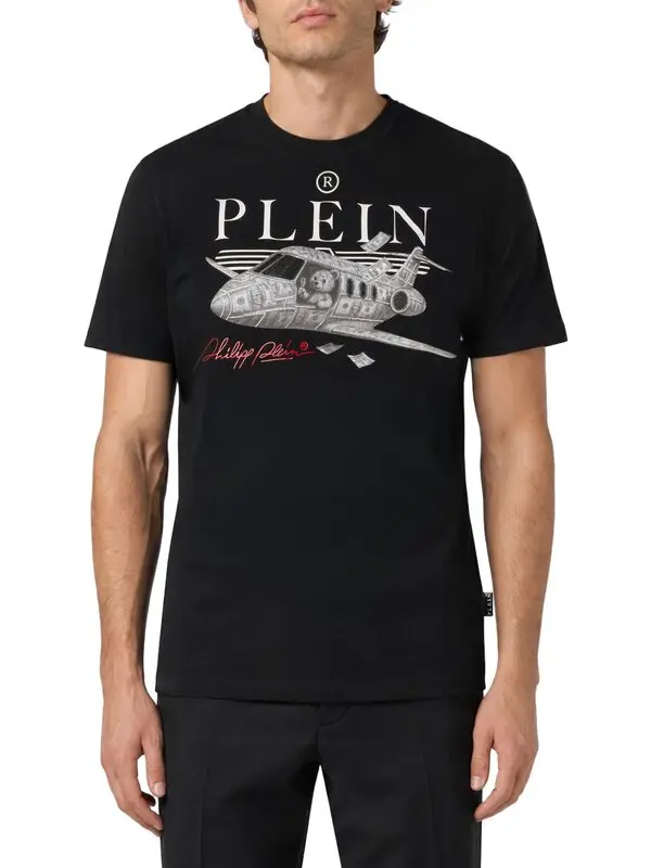Philipp Plein Cotton T-shirt With Rhinestone-embellished Logo And Graphic - Black