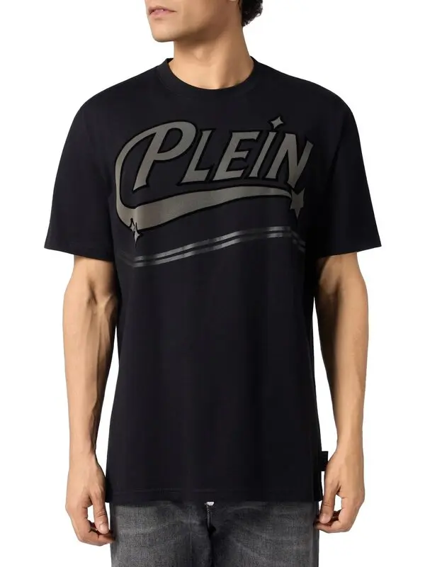 Philipp Plein Cotton T-shirt With Contrasting Logo And Dropped Shoulders - Black