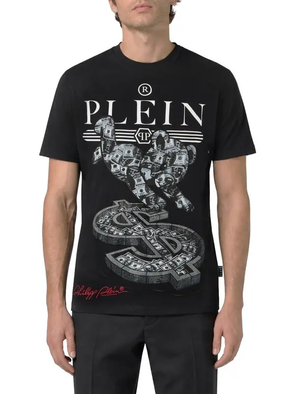 Philipp Plein Slim Fit Cotton T-shirt With Teddy Bear Print And Rhinestones - Black