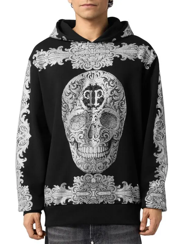 Philipp Plein Jersey Hoodie With Baroque Skull Print And Rhinestones - Black