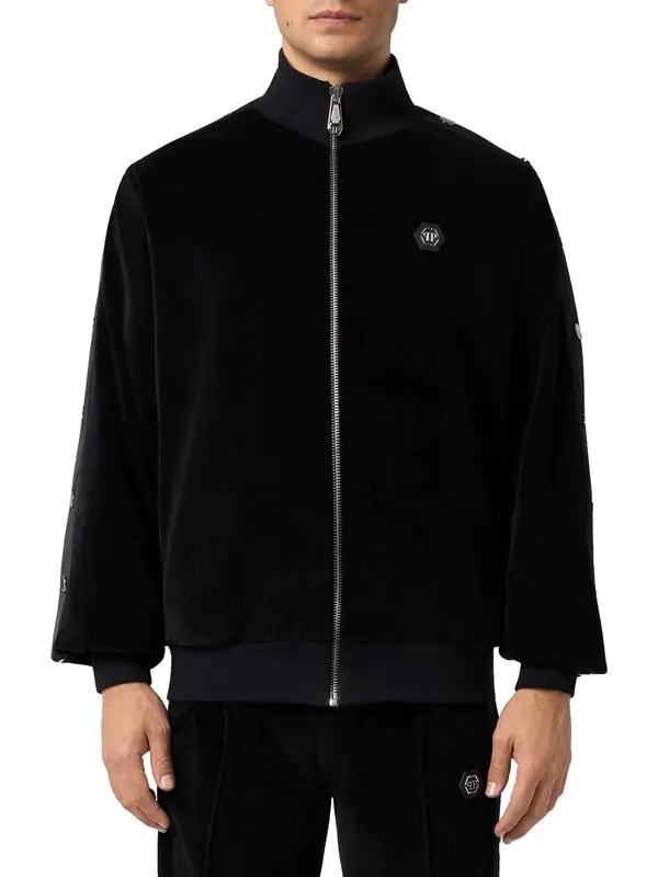 Philipp Plein Velvet Zip-up Sweatshirt With High Neck And Hexagon Logo Patch - Black