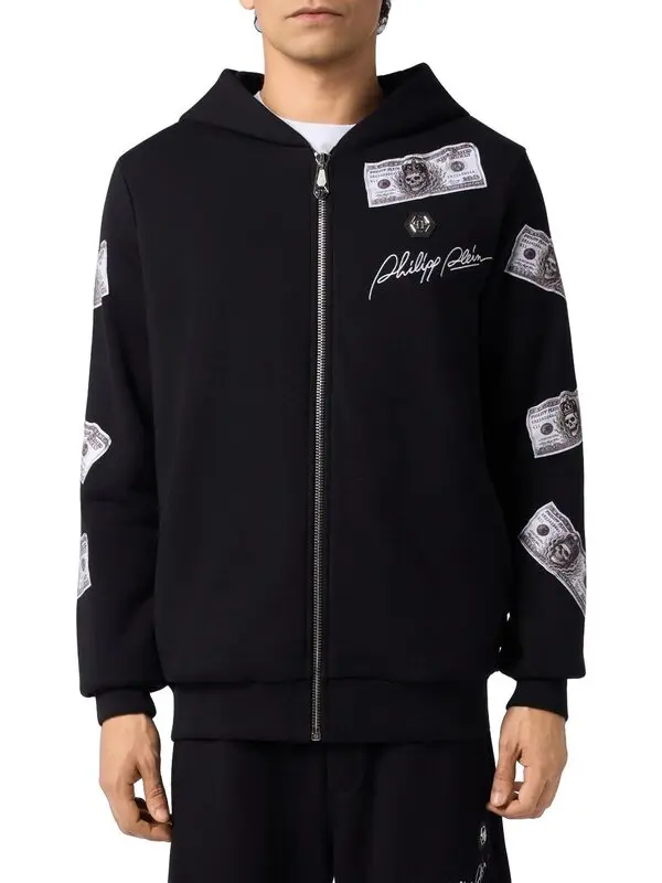 Philipp Plein Zipped Cotton Hoodie With Graphic Print And Logo - Black