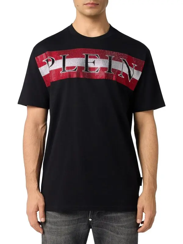 Philipp Plein Cotton T-shirt With Rhinestone-embellished Embroidered Logo Lettering - Black