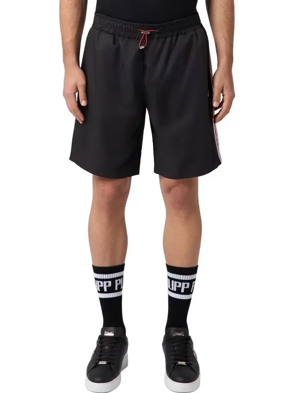 Philipp Plein Jersey Jogging Shorts With Logo Bands And Drawstring - Black