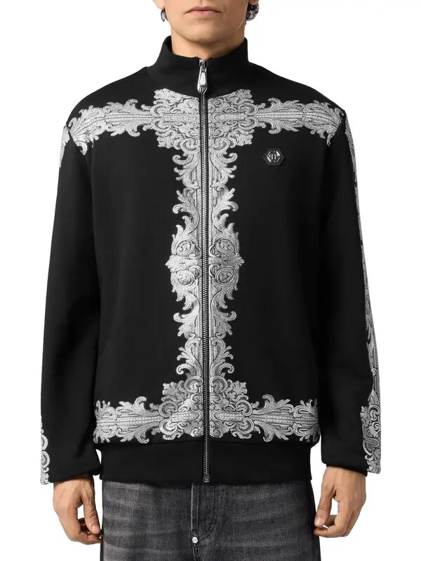 Philipp Plein Baroque Stones Zip-up Sweatshirt With Baroque Print And High Neck - Black
