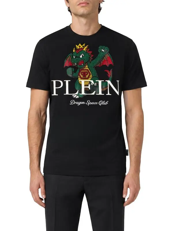 Philipp Plein Slim Fit Cotton T-shirt With Rhinestone-embellished Graphic And Logo - Black