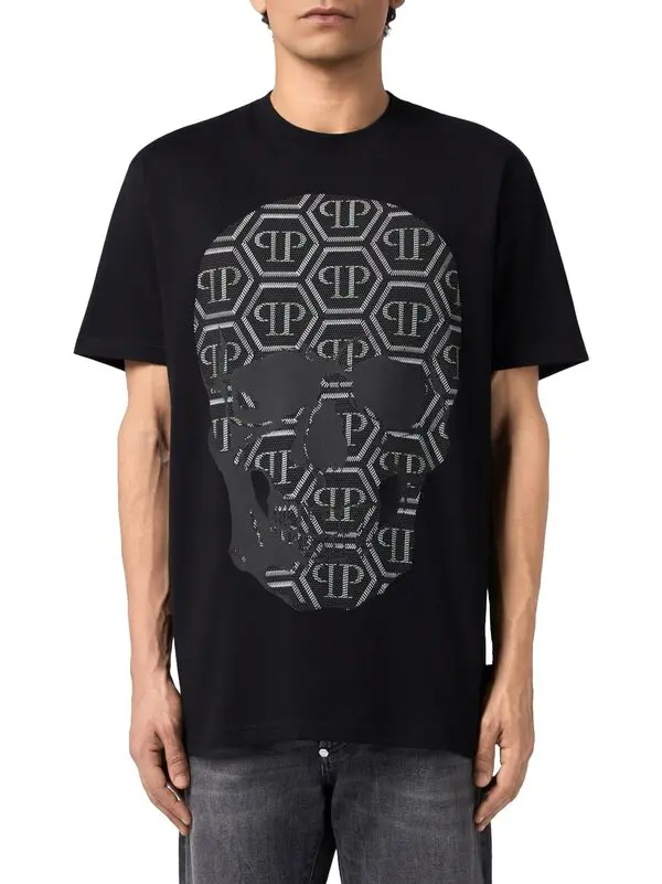Philipp Plein Relaxed Fit Cotton T-shirt With Skull Print And Rhinestones - Black