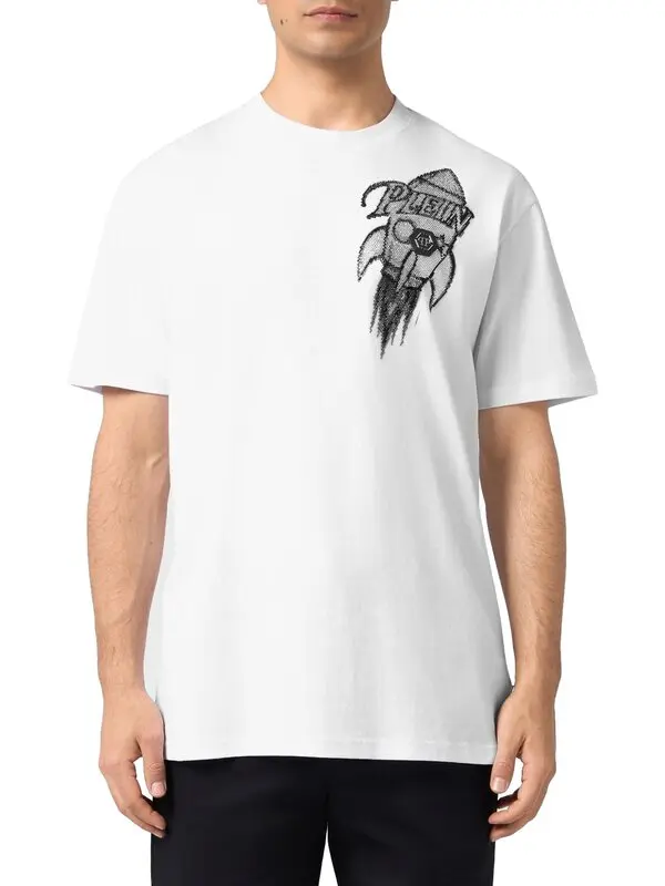 Philipp Plein Crew-neck Cotton T-shirt With Graphic Print And Rhinestones - White