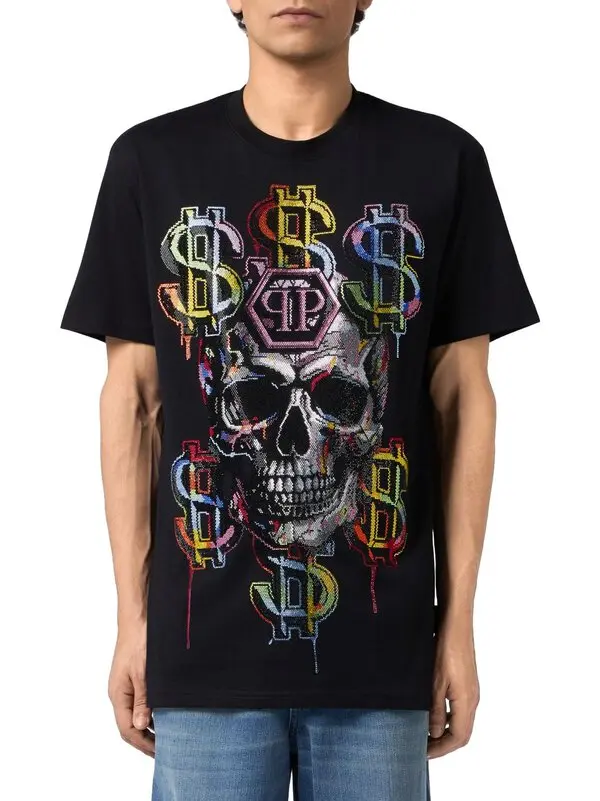 Philipp Plein Cotton T-shirt With Rhinestone-embellished Skull And Logo Print - Black