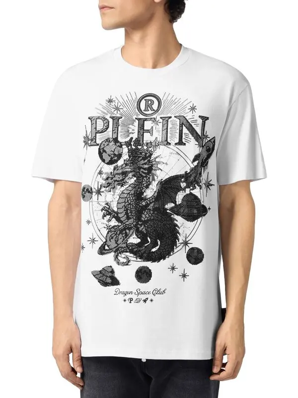 Philipp Plein Crew Neck Cotton T-shirt With Embroidered Graphic And Rhinestones - White