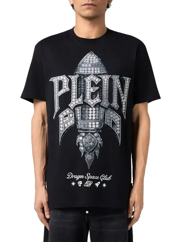 Philipp Plein Cotton T-shirt With Embroidered Graphic Logo And Rhinestones - Black