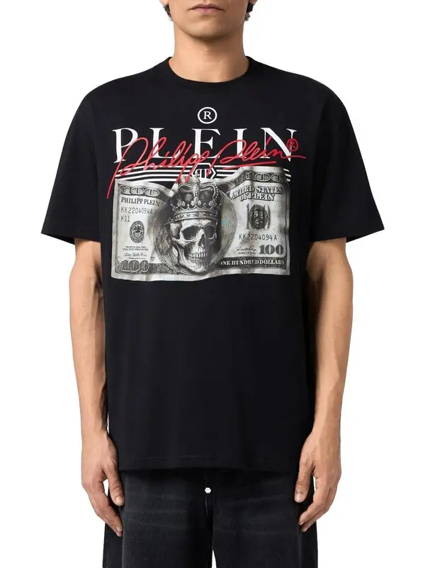 Philipp Plein Cotton T-shirt With Graphic Print And Contrast Logo - Black