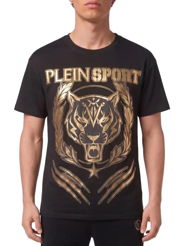 PLEIN SPORT Graphic Print Cotton T-shirt With Contrast Logo - Black
