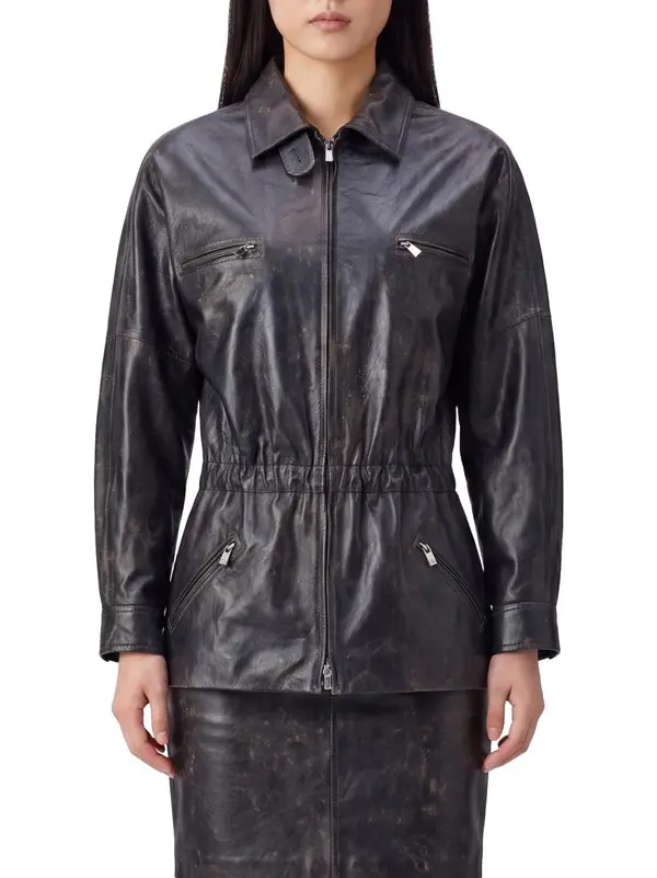 Magda Butrym Distressed Sheepskin Leather Jacket With A Drawstring Waist - Black