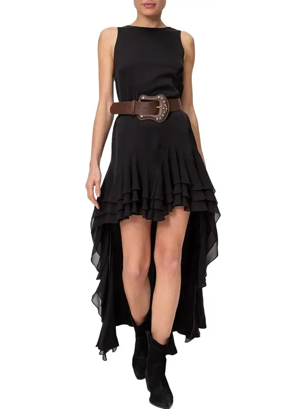TWINSET Asymmetrical Viscose Long Evening Dress With Ruffles - Black
