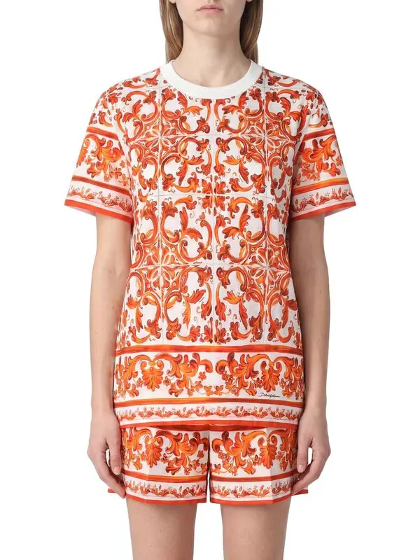 Dolce & Gabbana Majolica Print Cotton T-shirt With Contrast Logo - Orange