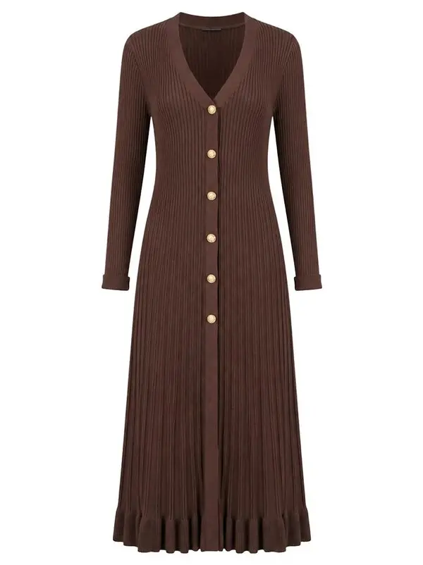 YUMI Viscose Knitted Midi Ribbed Dress - Brown