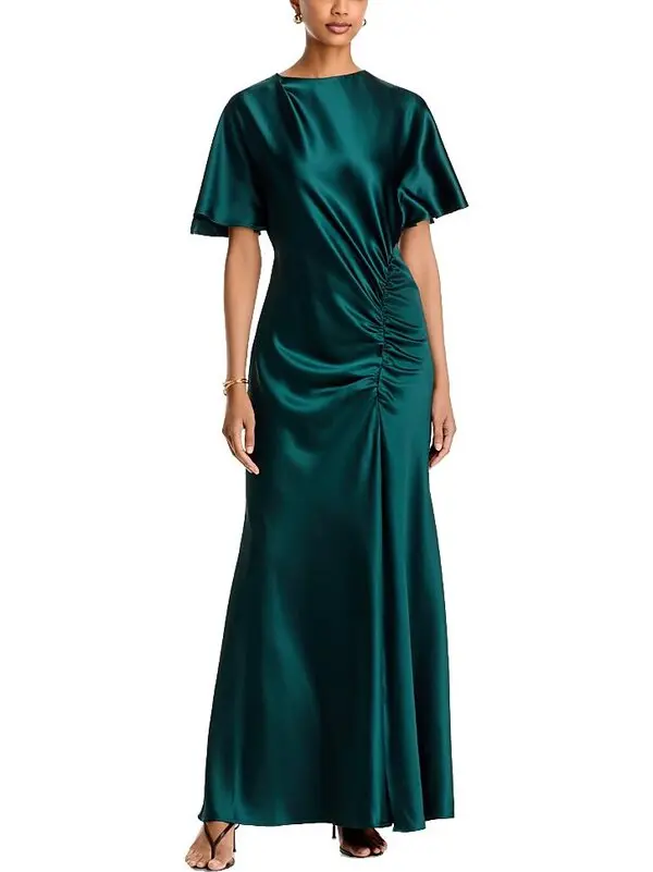 Aqua Stretch Satin Ruched Gown Exclusive - Pine