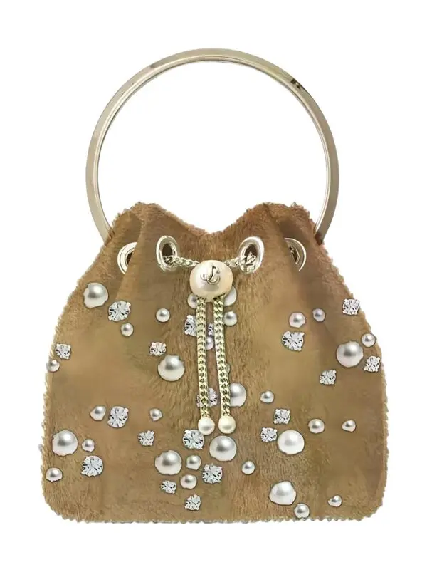 JIMMY CHOO Bon Bon Shearling Faux-pearl Embellished Bucket Bag - Neutrals