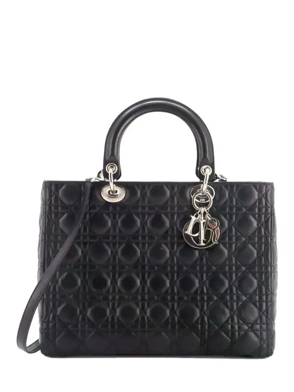 Dior Lady Bag Cannage Quilt Lambskin Large Tote Bag - Black