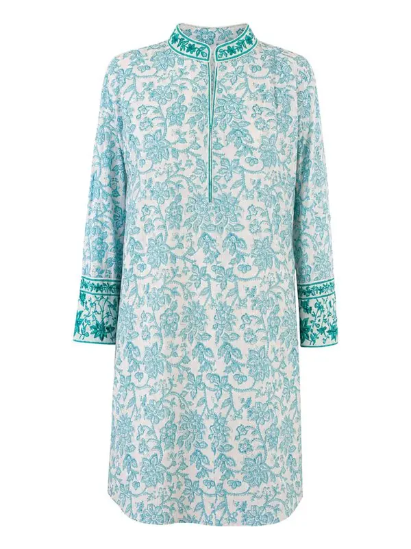 KAMINEE Turquoise Floral Block Print Linen Kaftan Lagoon - Blue