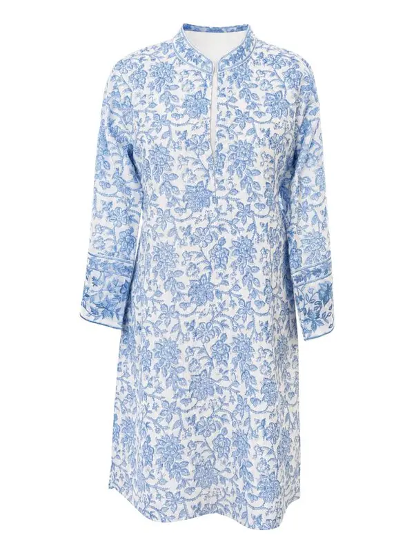 KAMINEE Blue / White Lagoon Floral Block Print Linen Kaftan Blue - Blue/white