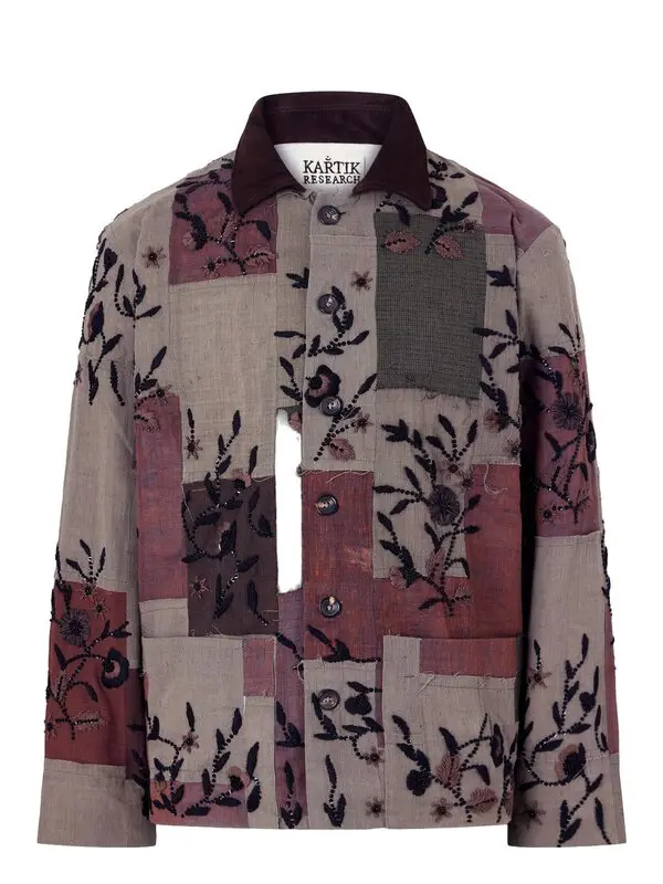 KARTIK RESEARCH Embroidered Patchwork Suede-trimmed Cotton Chore Jacket - Green