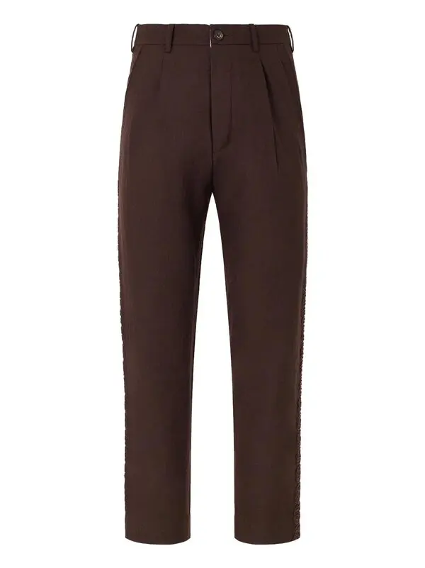 KARTIK RESEARCH Straight-leg Pleated Embroidered Wool-twill Trousers - Brown