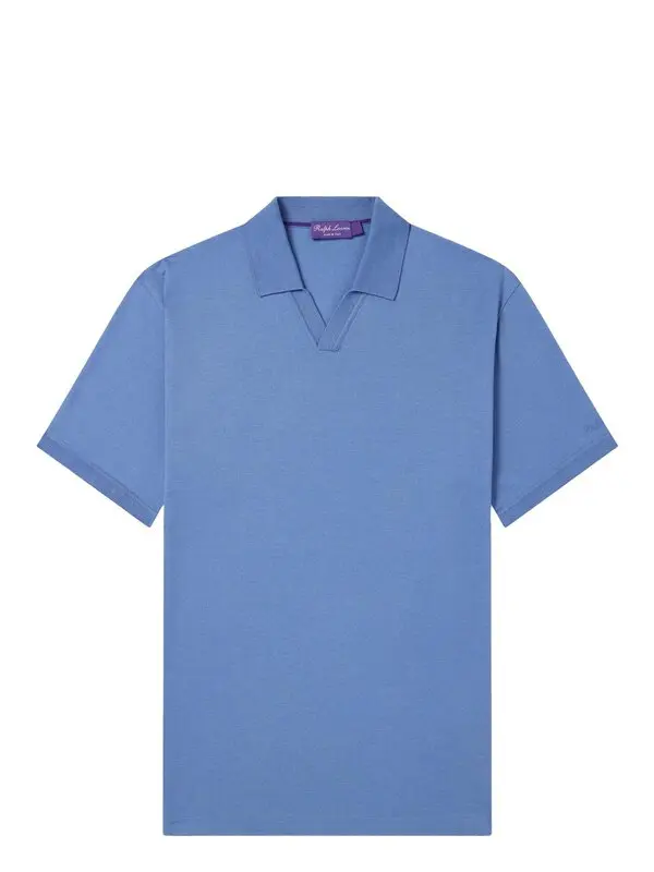 Ralph Lauren Purple Label Johnny-collar Cotton And Cashmere-blend Piqué Polo Shirt - Blue