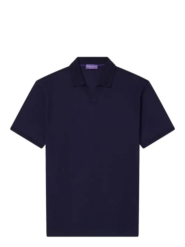 Ralph Lauren Purple Label Johnny-collar Cotton And Cashmere-blend Piqué Polo Shirt - Blue