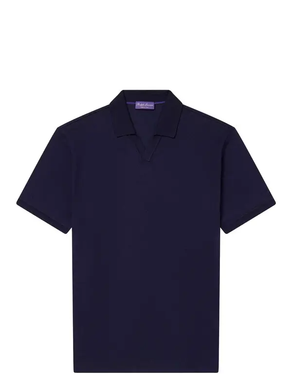Ralph Lauren Purple Label Johnny-collar Cotton And Cashmere-blend Piqué Polo Shirt - Navy