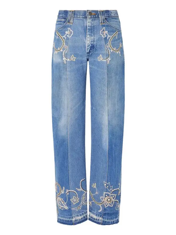 KARTIK RESEARCH Straight-leg Distressed Bead-embellished Jeans - Blue