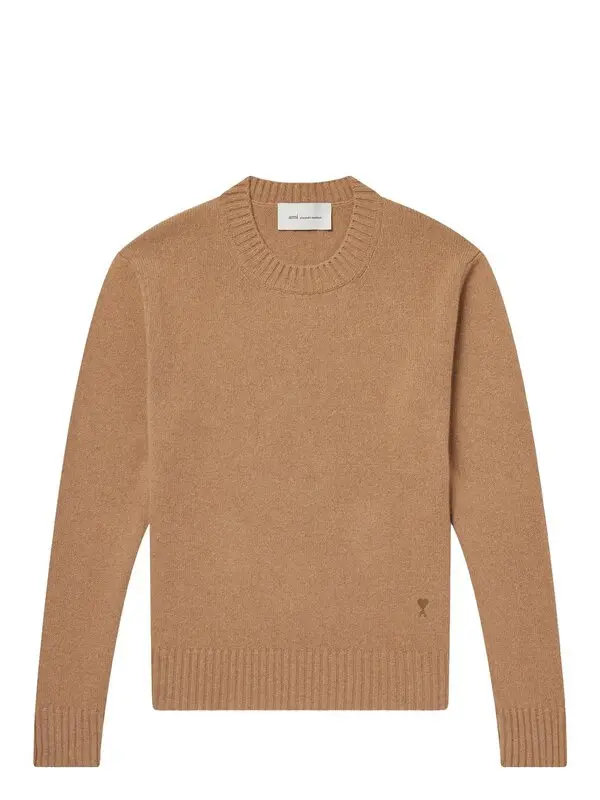 AMI Paris Logo-embroidered Cashmere And Wool-blend Sweater - Brown