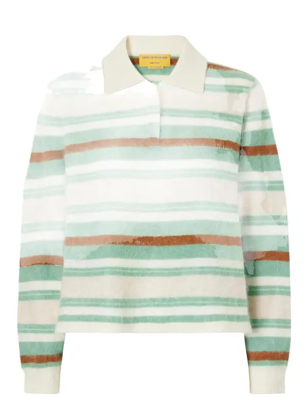 Guest In Residence Grizzly Cropped Striped Brushed Cashmere Polo Sweater - Green
