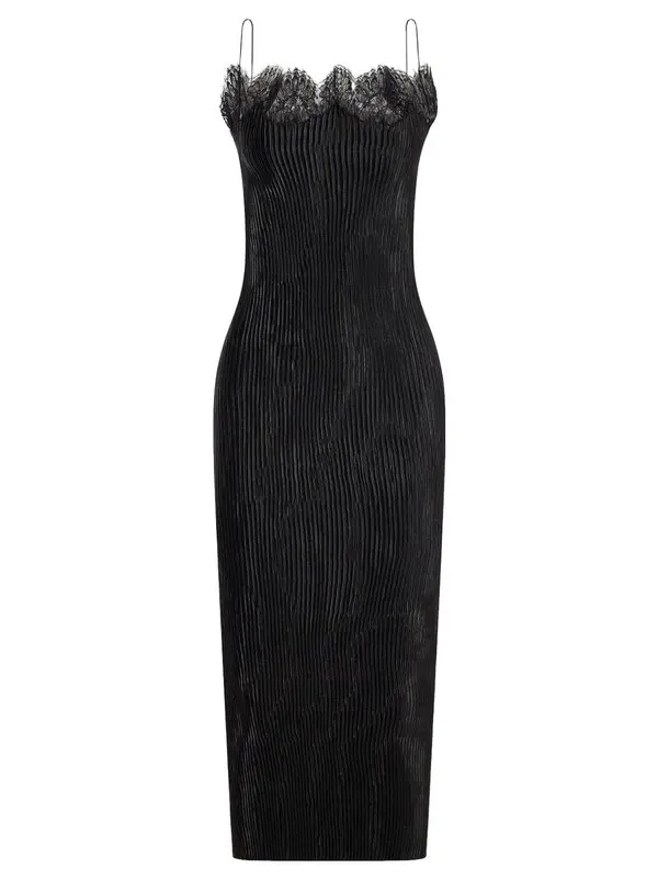 FFORME Lumie Lace-trimmed Pleated Satin Midi Dress - Black