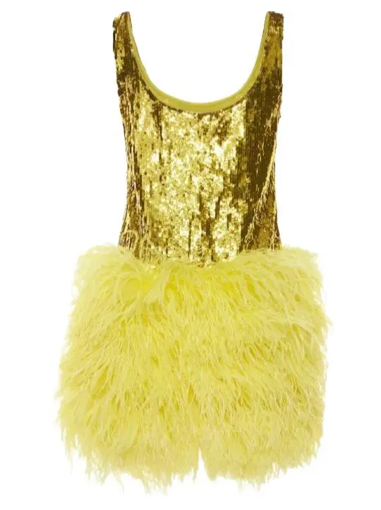 Valentino Garavani Sequined Mini Dress W/ Feathers - Yellow