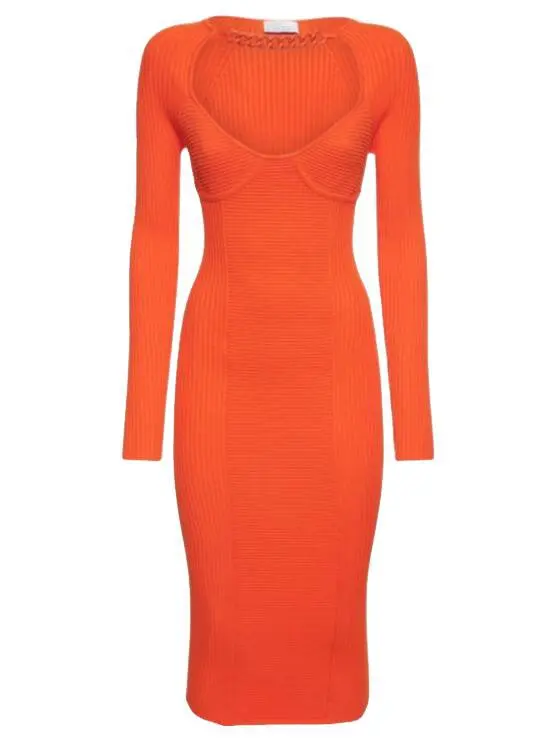 Giuseppe Di Morabito Ribbed Viscose Midi Dress W/chain Detail - Orange