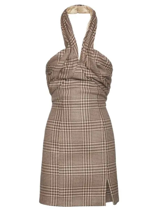 Giuseppe Di Morabito Prince Of Wales Wool Halter Neck Dress - Brown