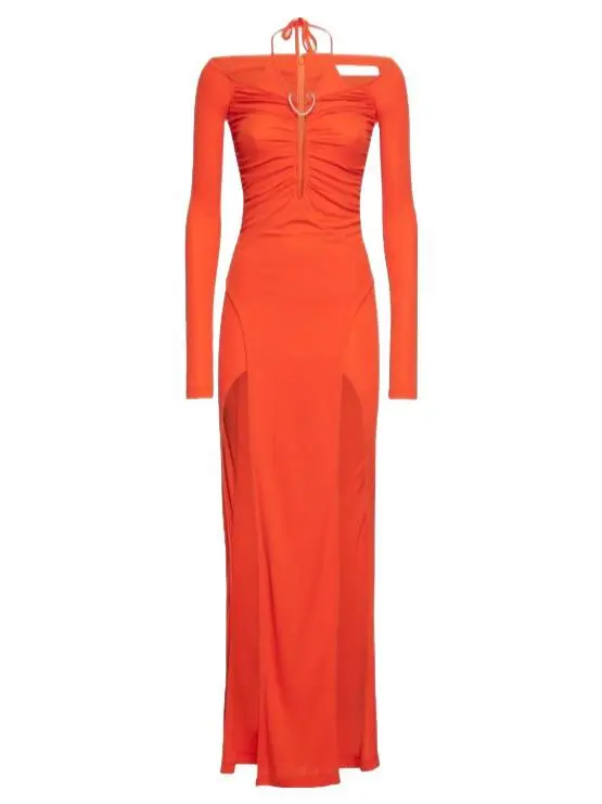 DION LEE Draped Viscose Jersey Split Long Dress - Orange