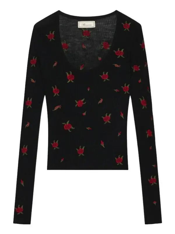 Blumarine Wool Jumper With Rose Embroidery - Black/red