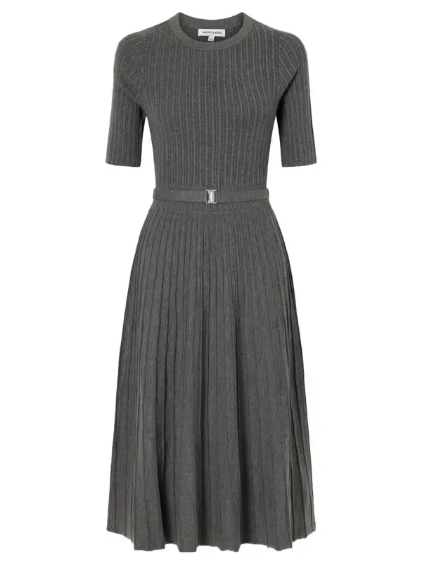 Veronica Beard Elthea Belted Pleated Ribbed-knit Midi Dress - Grey