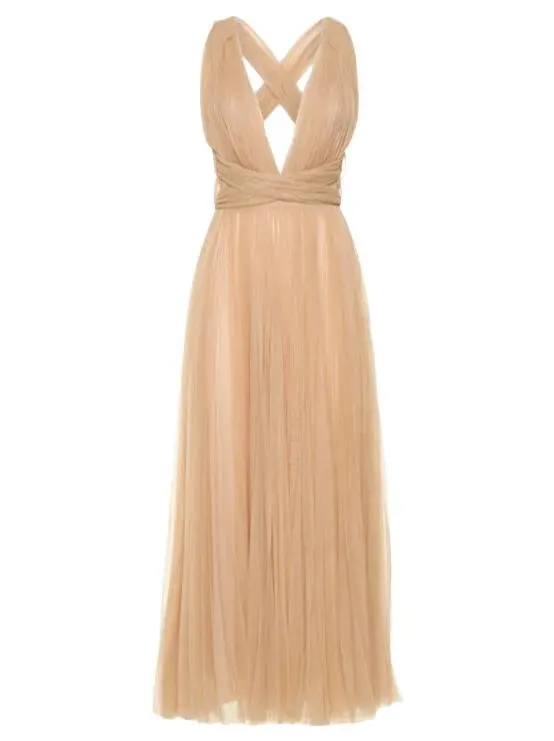 MARIA LUCIA HOHAN Pleated Tulle Midi Dress W/ Low Back - Nude