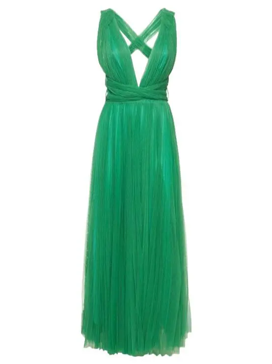 MARIA LUCIA HOHAN Pleated Tulle Midi Dress W/ Low Back - Green