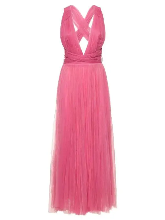 MARIA LUCIA HOHAN Pleated Tulle Midi Dress W/ Low Back - Pink
