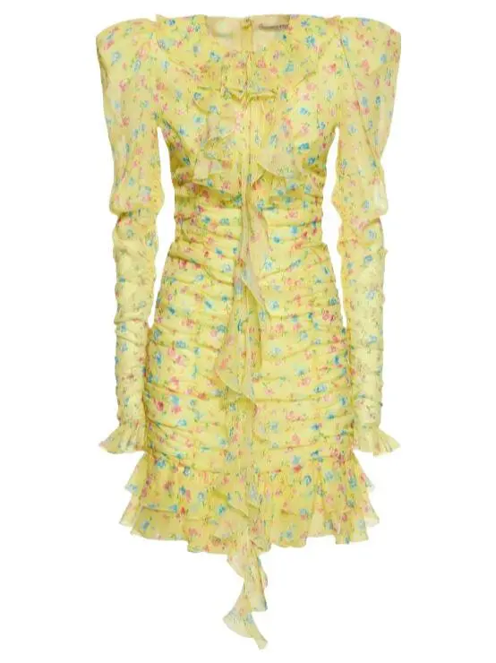 Alessandra Rich Floral Printed Silk Georgette Mini Dress - Yellow