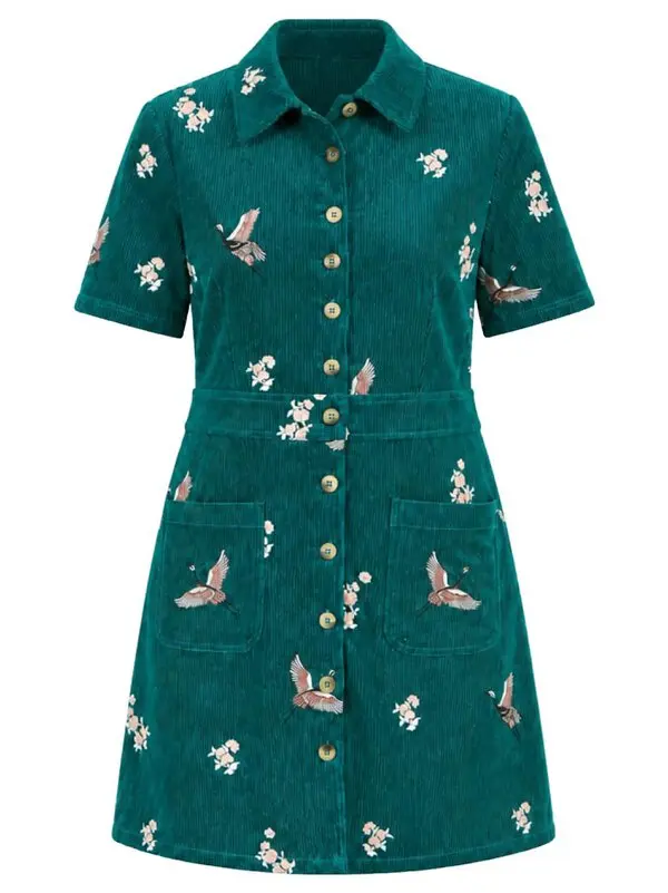 YUMI Teal Crane Embroidered Shirt Dress - Blue